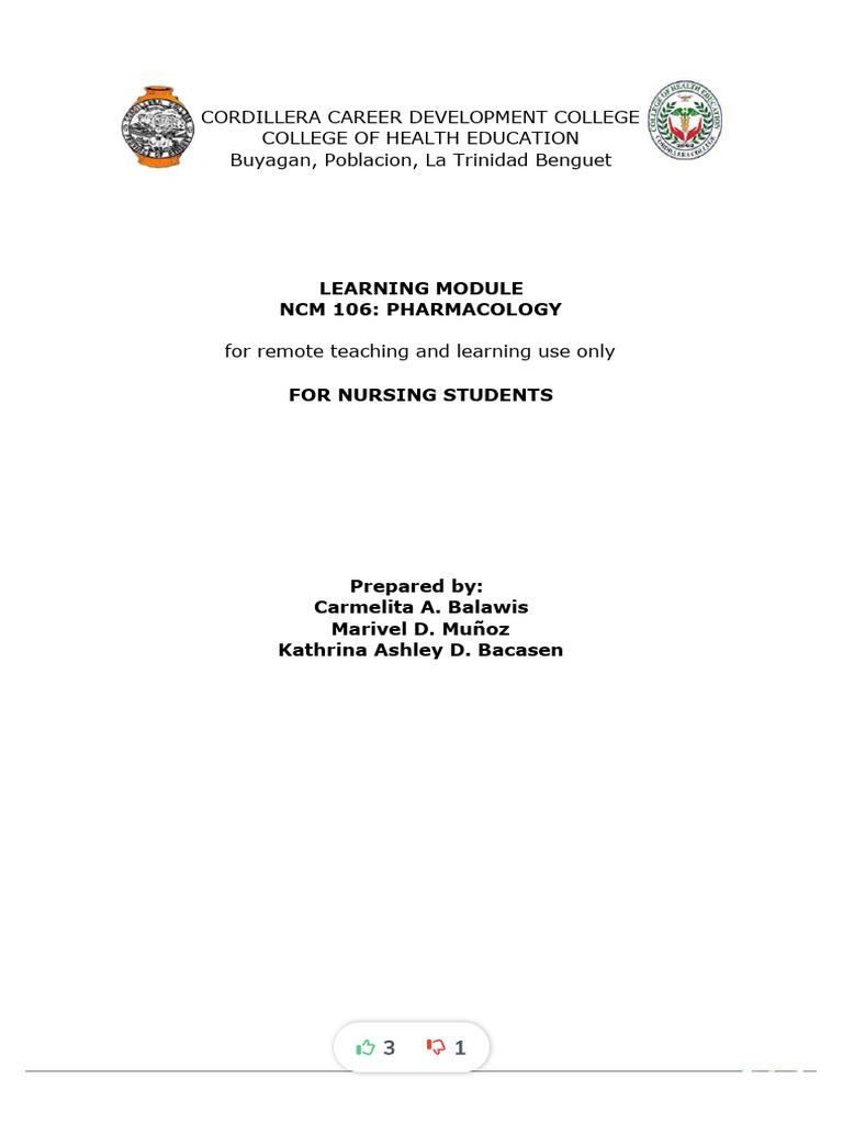 Ncm 106 Pharmacology Module Ay 2021 2022 2 Compress | PDF