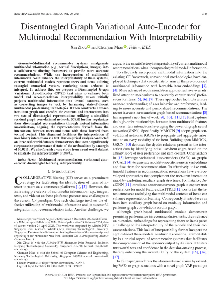 Disentangled Graph Variational Auto-Encoder For Multimodal Recommendation With Interpretability ...