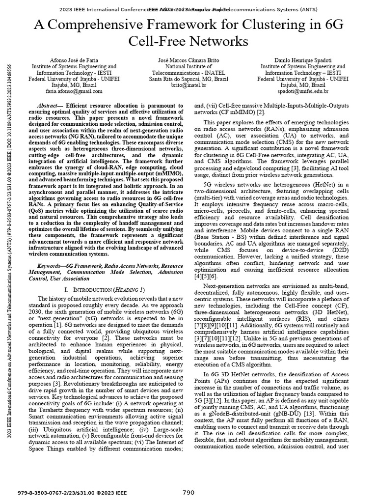 A Comprehensive Framework For Clustering in 6G Cell-Free Networks | PDF A Comprehensive Framework For Clustering in 6G Cell-Free Networks | PDF