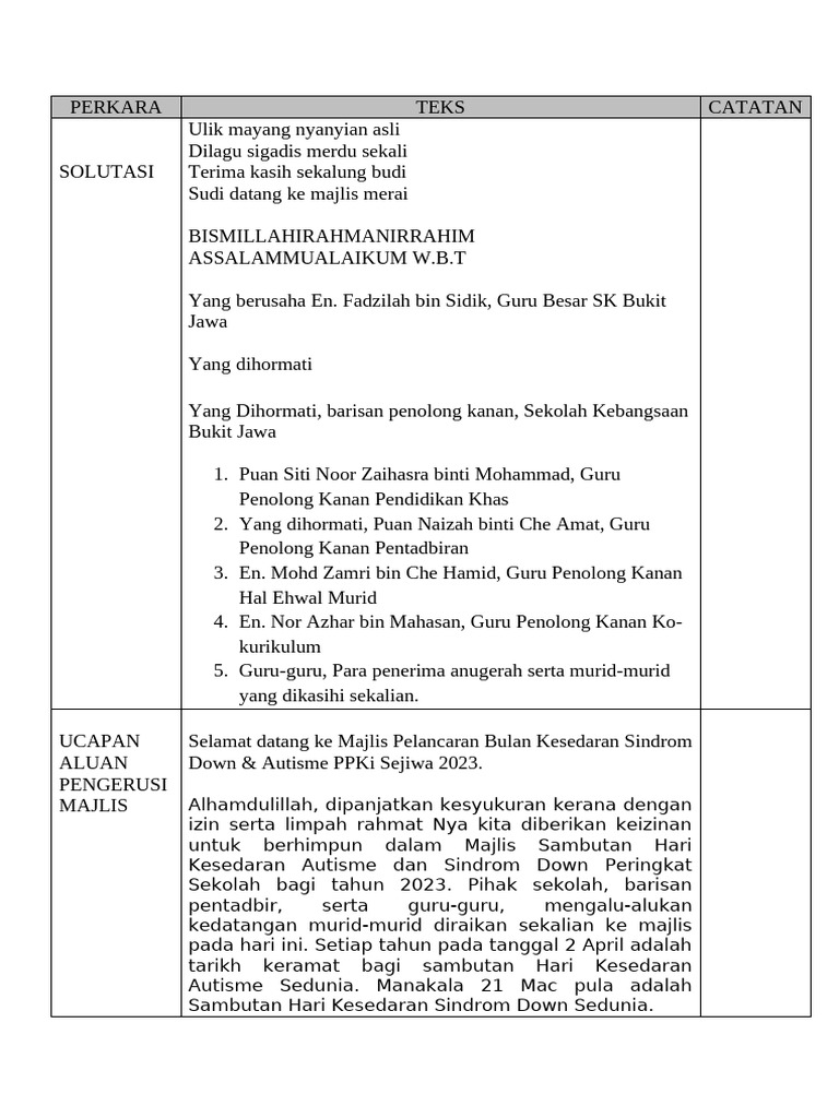 Teks Emcee Majlis Pelancaran SD & Autisme | PDF