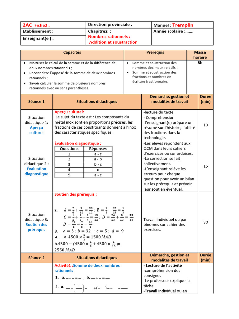 Addition Et Soustraction Des Nombres Rationnels Fiches Pedagogiques Maths 2AC PDF 2 | PDF