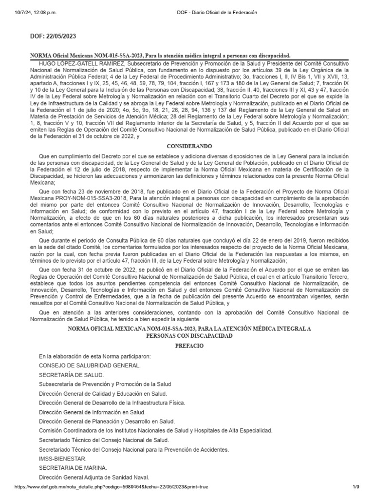 NOM-015-SSA-2023-Para La Atención Personas Con Discapacidad | PDF