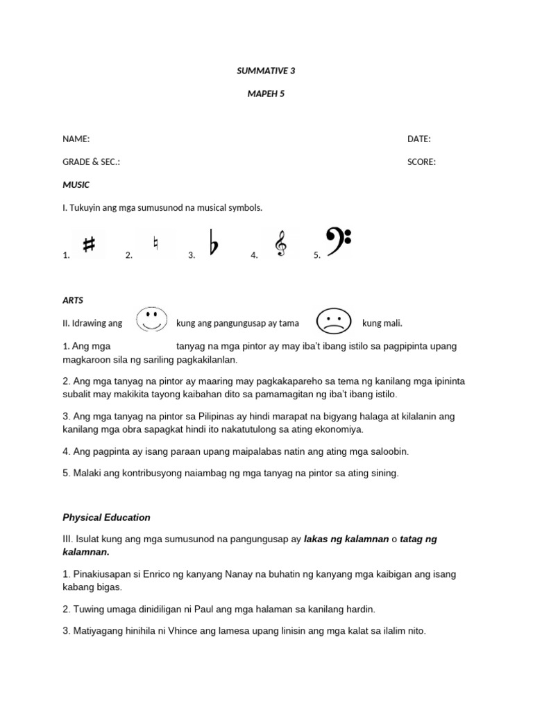 ST - Mapeh 5 - Q2 - 3 | PDF
