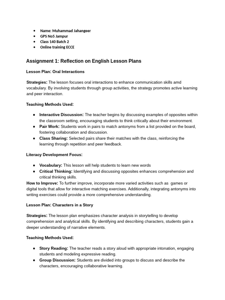 English Lesson Plans Reflection | PDF | Reading Comprehension | Lesson Plan