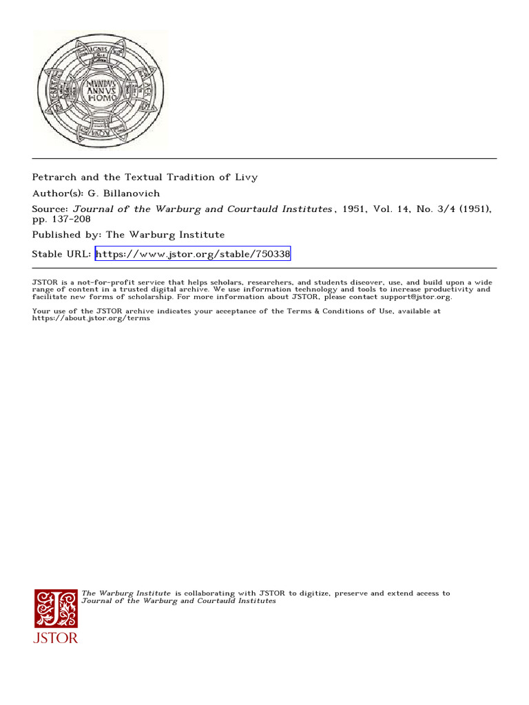 Billanovich JWCI 1951 Petrarch Livy Textual Tradition | PDF