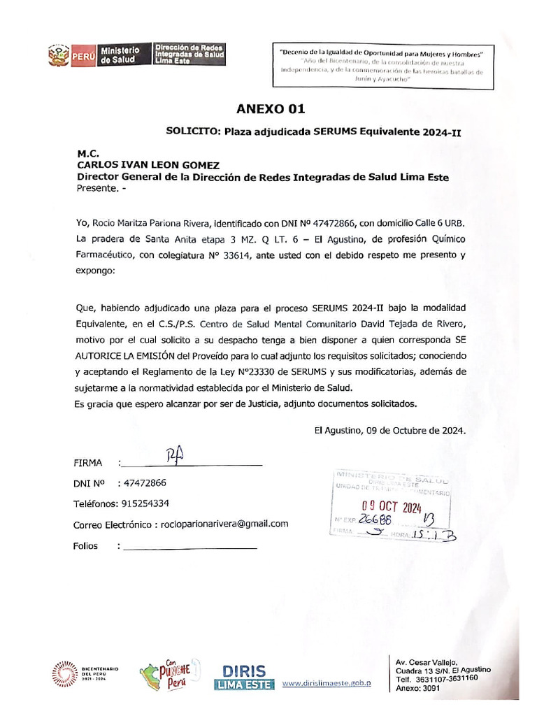 Documentos Serums Equivalente - Rocio Maritza Pariona Rivera | PDF