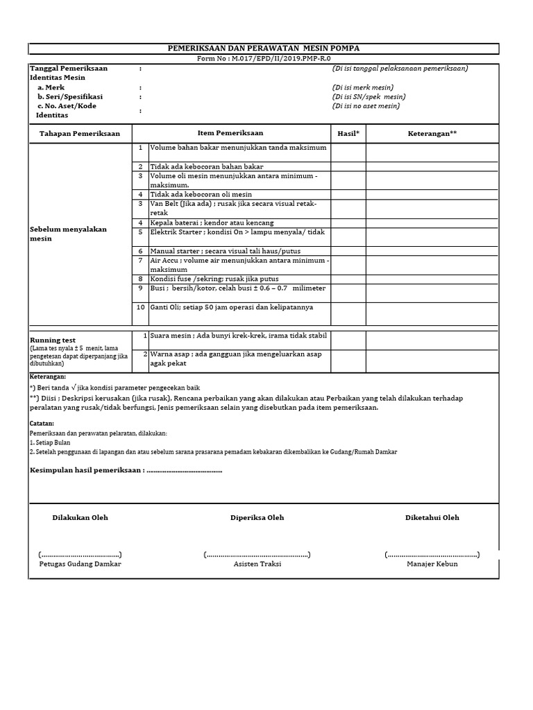 Form_..............._-_Pemeriksaan_dan_Perawatan_Mesin_Pompa_R2.xlsx | PDF