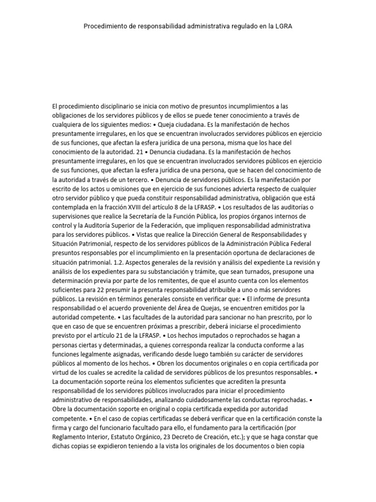 Procedimiento de Responsabilidad Administrativa Regulado en La LGRA | PDF