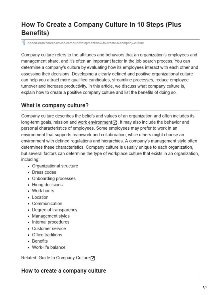 How To Create A Company Culture in 10 Steps Plus Benefits | PDF