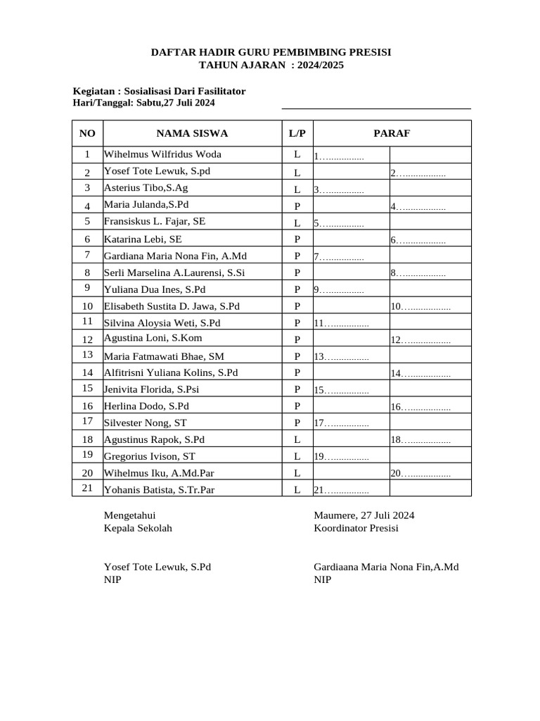 DAFTAR HADIR PRESISI GURU PEMBIMBING | PDF