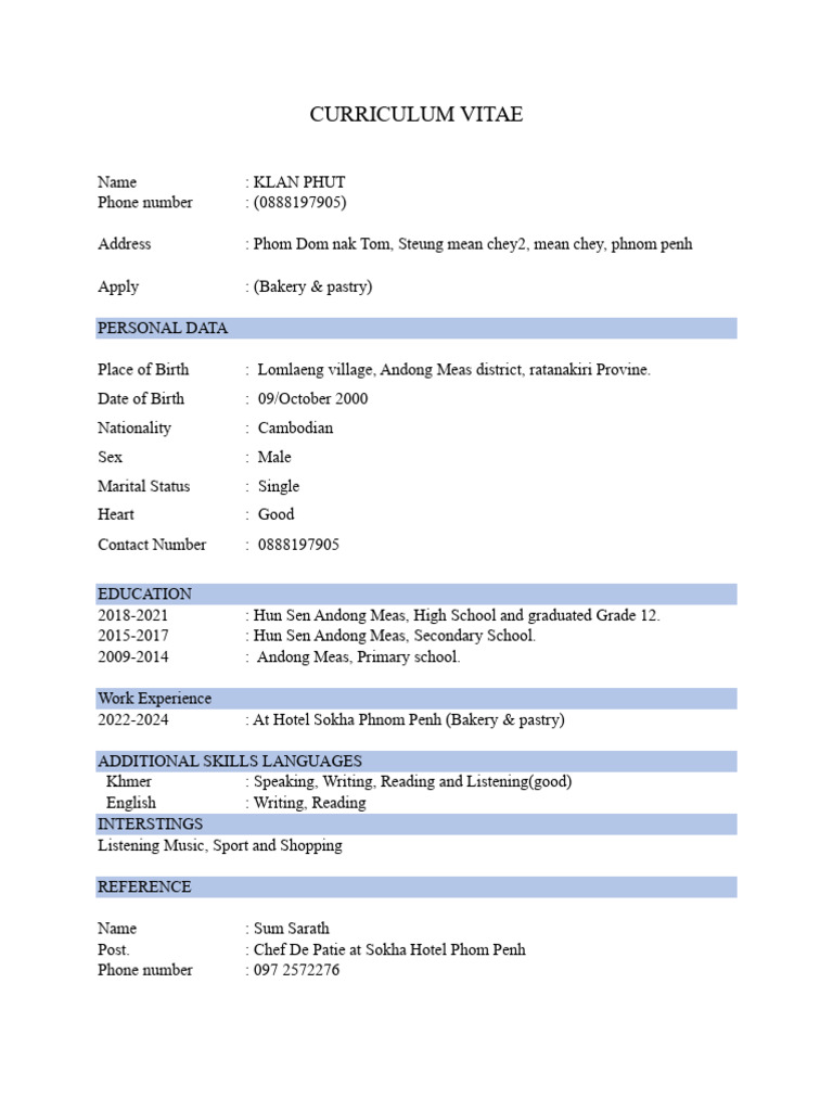 KLAN PHUT CURRICULUM VITAE Updated | PDF