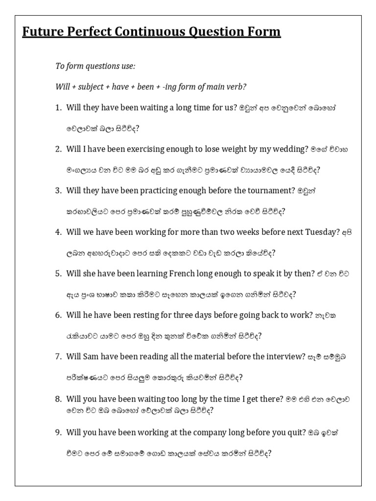 Future Perfect Continuous Question Form | PDF