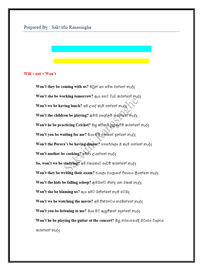 Future Continuous Tense(Negative Interrogative Form) | PDF