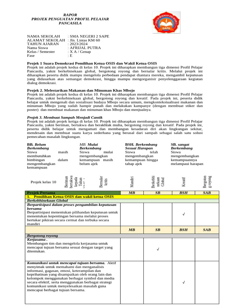 Rapor Projek Penguatan Prifil Pelajar Pancasila | PDF