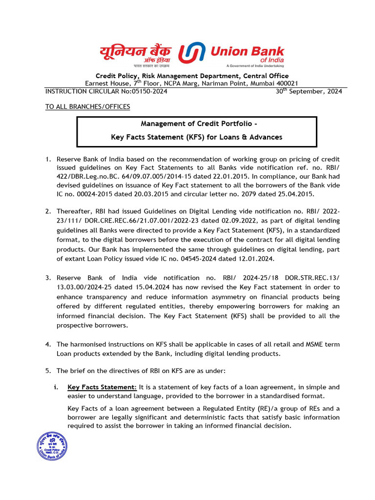 05150-2024-Management of Credit Portfolio Key Facts Statement KFS For Loans Advances | PDF