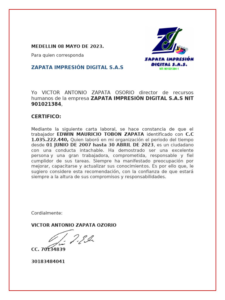 Zapata Carta Ref Laboral | PDF