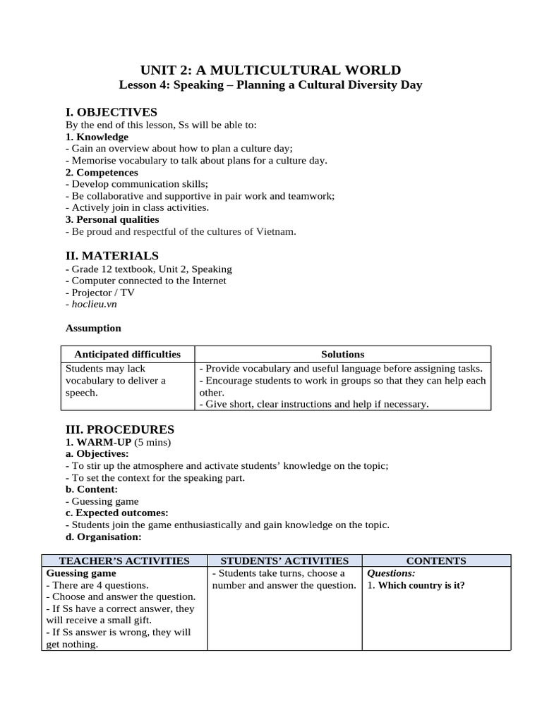 UNIT 2_ A MULTICULTURAL WORLD_Speaking | PDF