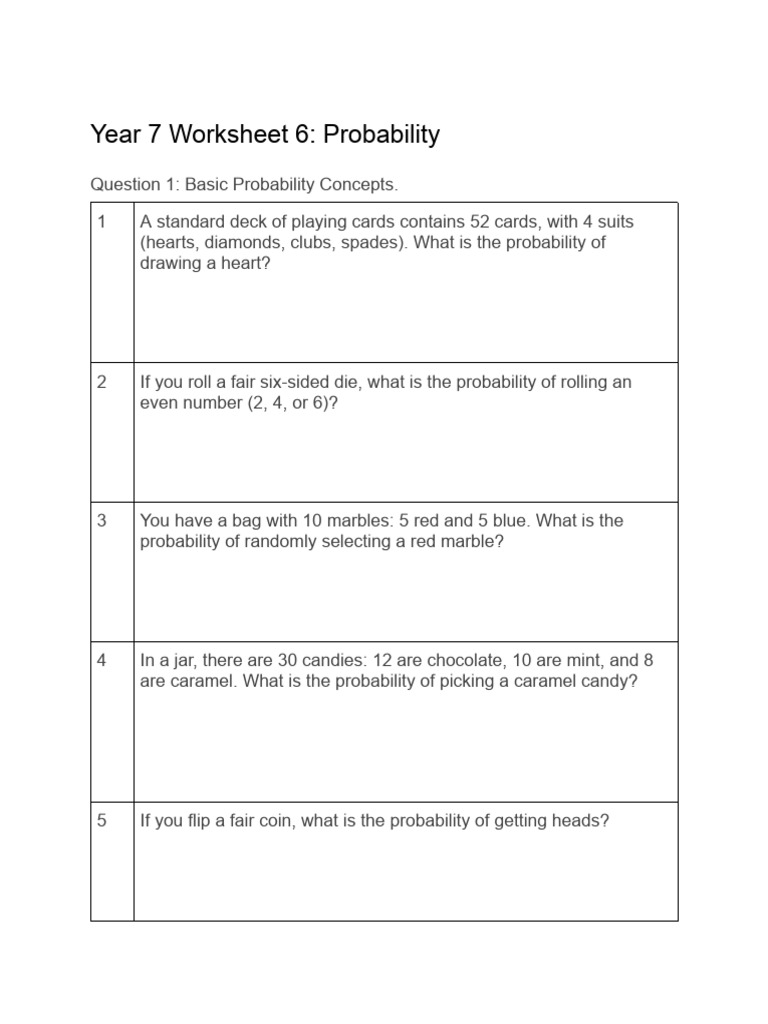 Year 7 Probability Worksheets | PDF
