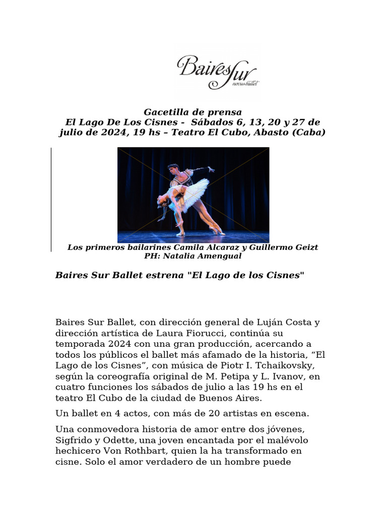 Gacetilla Lago Julio Baires Sur Ballet | PDF