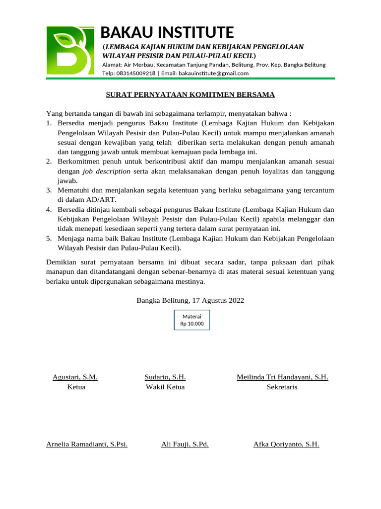 Surat Pernyataan Komitmen Bersama | PDF