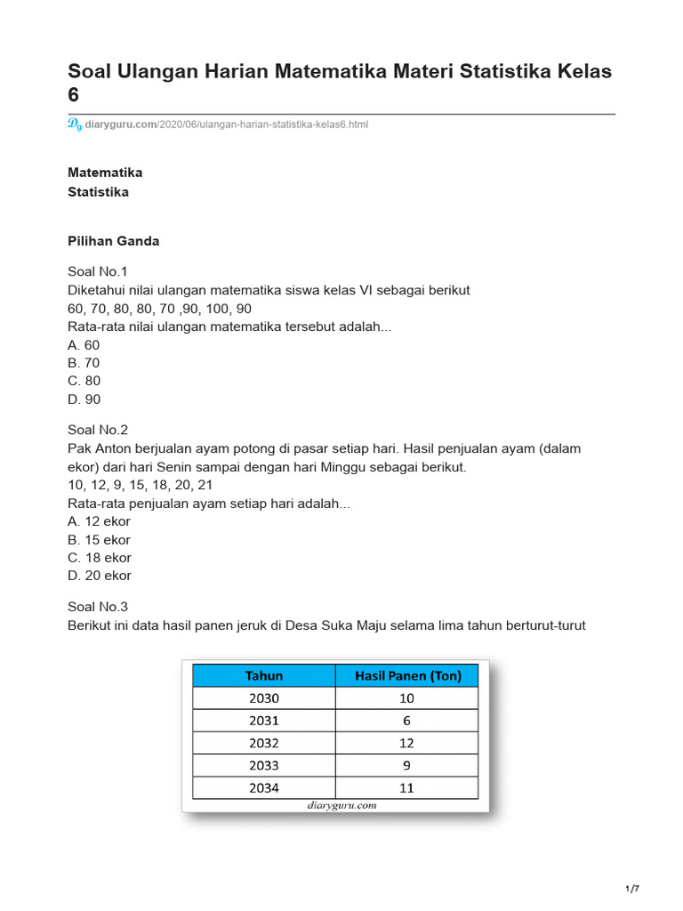 Soal Ulangan Harian Matematika Materi Statistika Kelas 6 | PDF