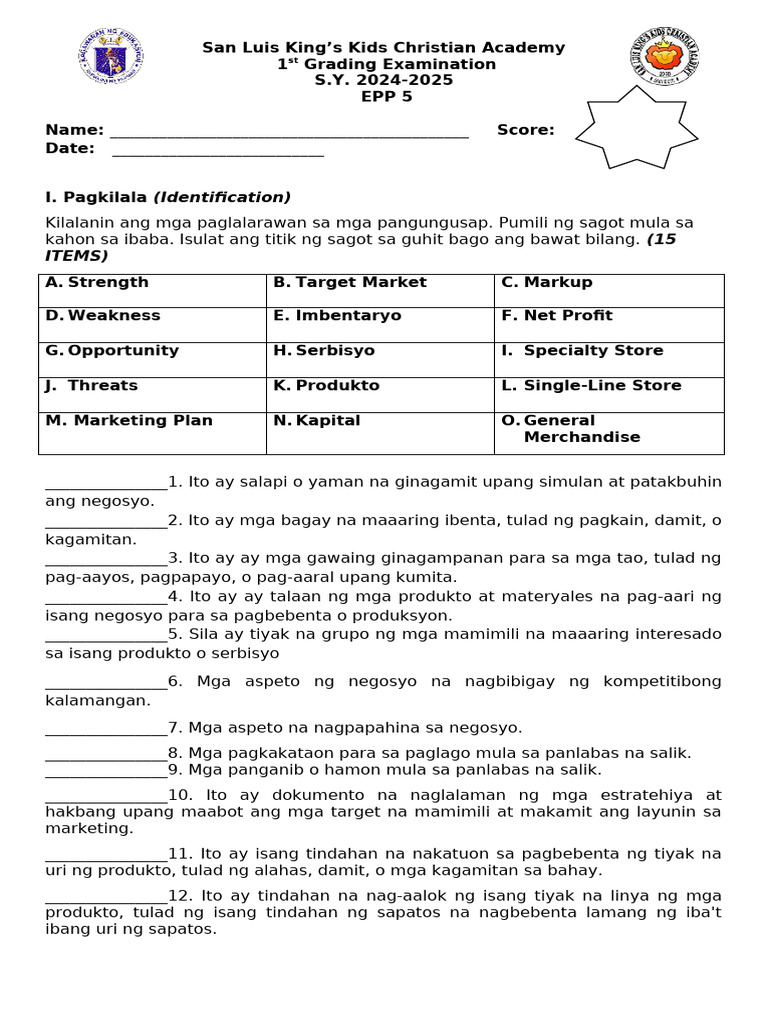 EPP 5-Exam-1st-Quarter | PDF