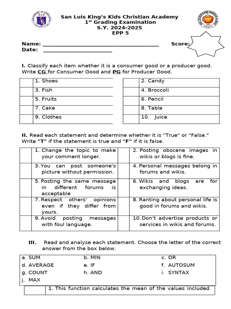 EPP 6-Exam-1st-Quarter | PDF