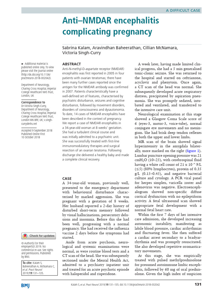 Anti-NMDAR Complicating Pregnancy | PDF | Ovarian Cancer | Nmda Receptor