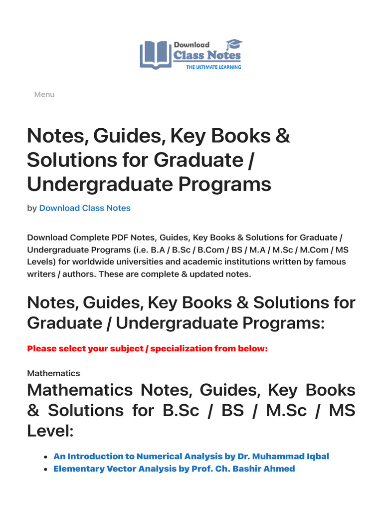 Notes, Guides, Key Books & Solutions For Graduate / Undergraduate ...