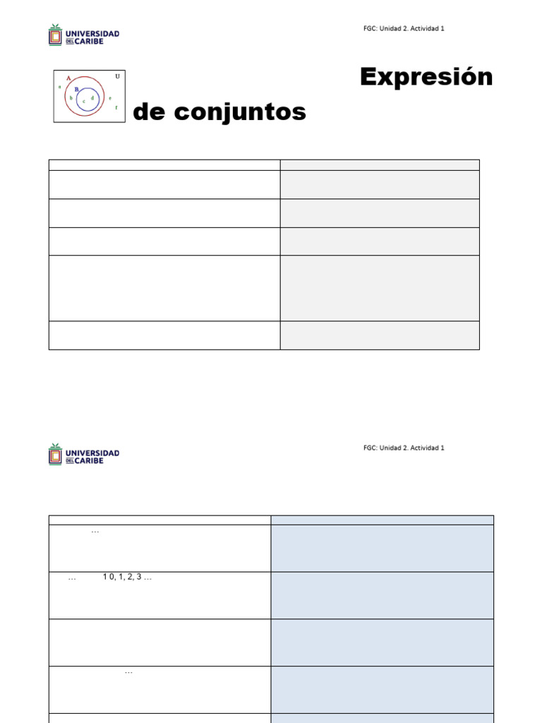 Unidad 2. Actividad 1. Expresiones de conjuntos | PDF Unidad 2. Actividad 1. Expresiones de conjuntos | PDF