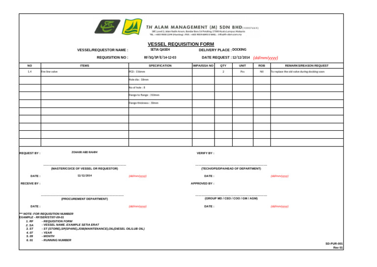 Vessel Requisition Form: Vessel/Requestor Name: Delivery Place ...