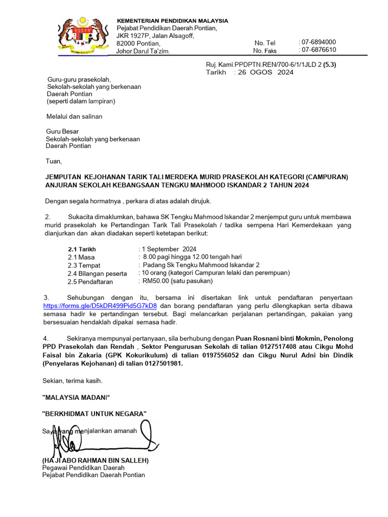 Surat Jemput Tarik Tali Prasekolah 2024 2 | PDF