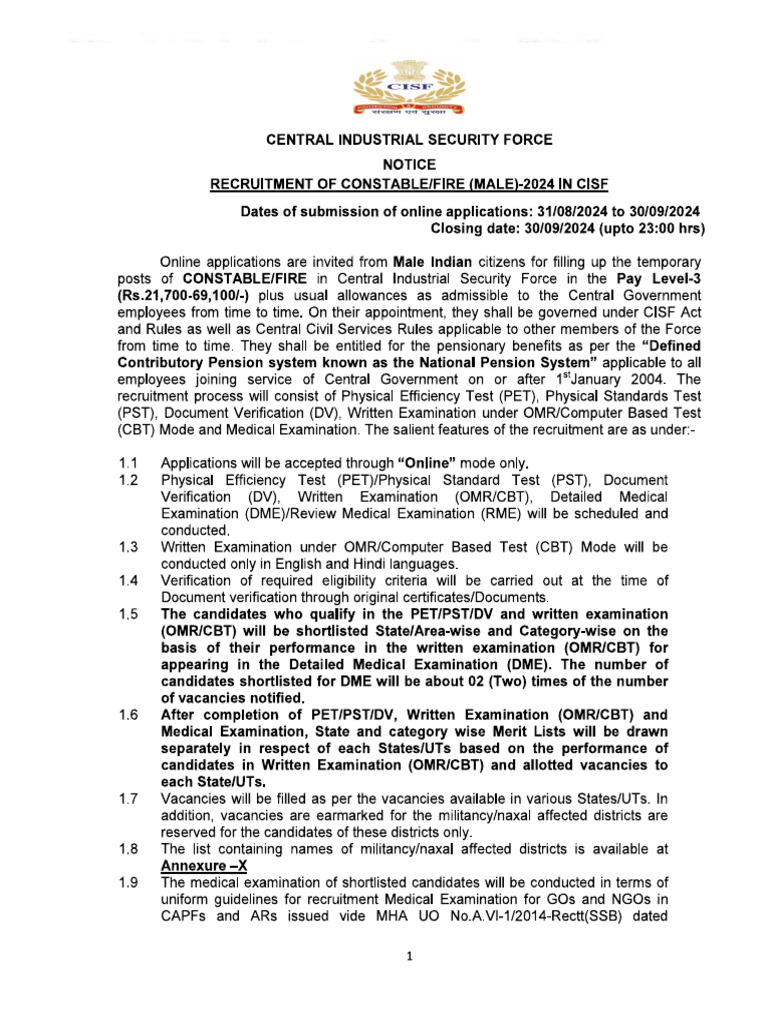 CISF Constable Fire Official Notification PDFs | PDF