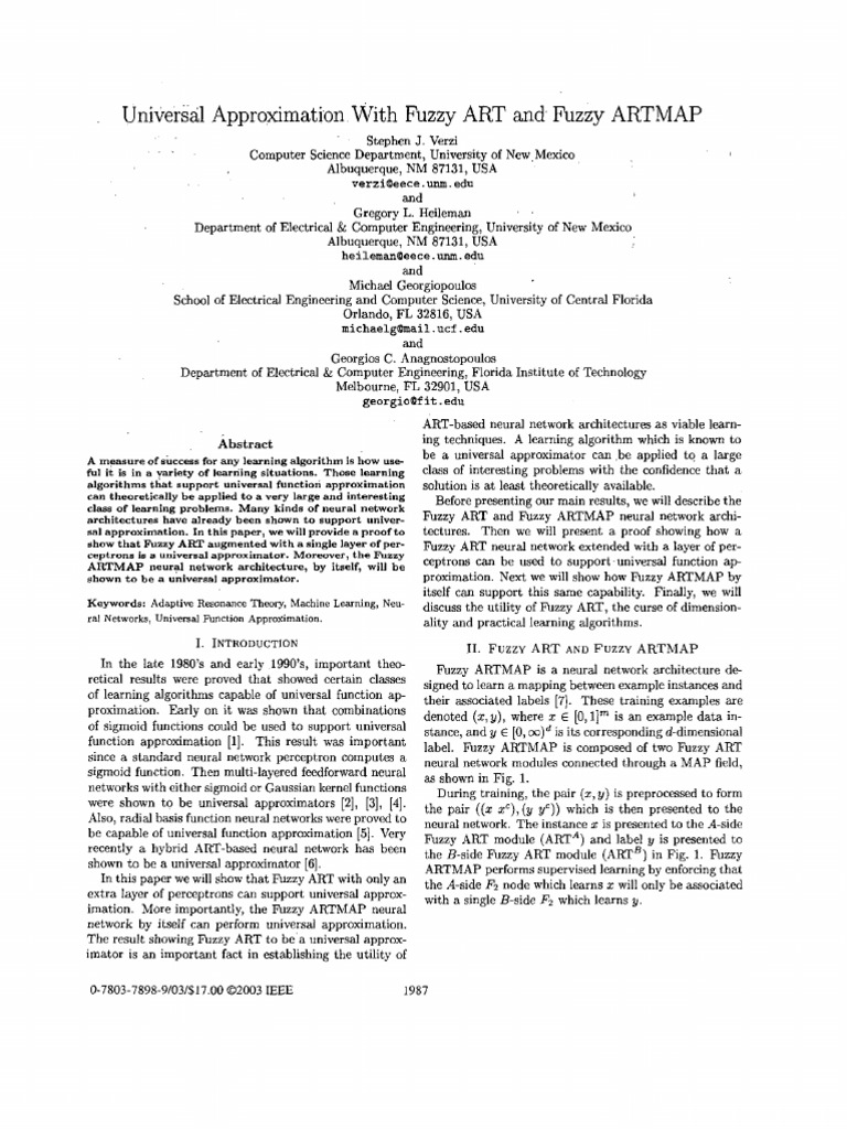 Stephen J. Verzi Et Al - Universal Approximation, With Fuzzy ART And. Fuzzy ARTMAP | PDF ...