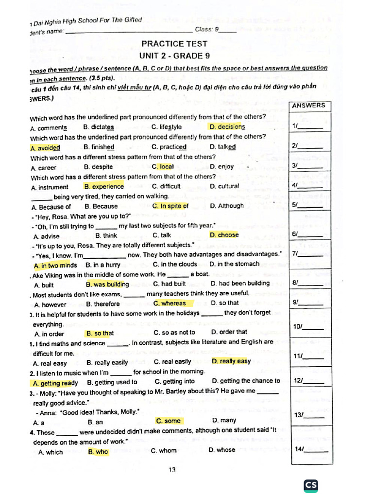 Unit 2 Test - FP9-key | PDF