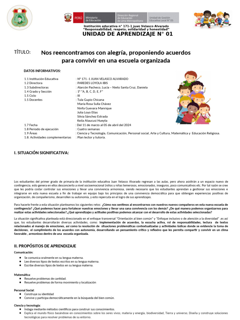 Unidad 1° - 2024 JVA PRIMER GRADO | PDF