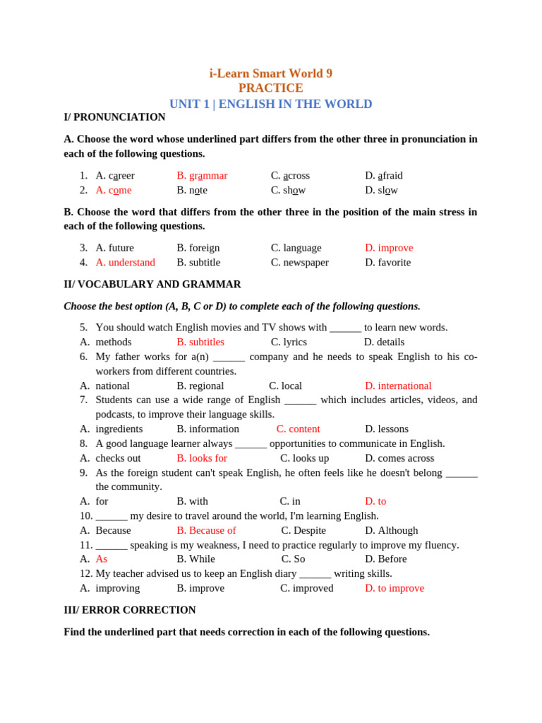 Đề Cương Ôn Tập HK1 - TA9 SW - Key | PDF