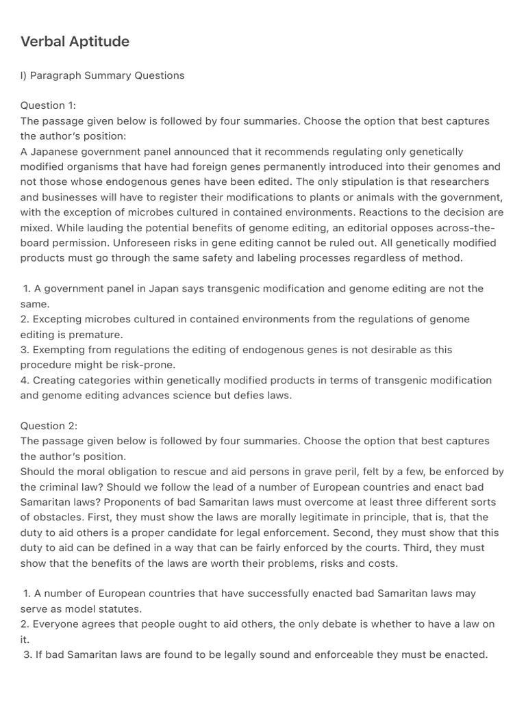 Verbal Aptitude Questions | PDF | Thought | Physics