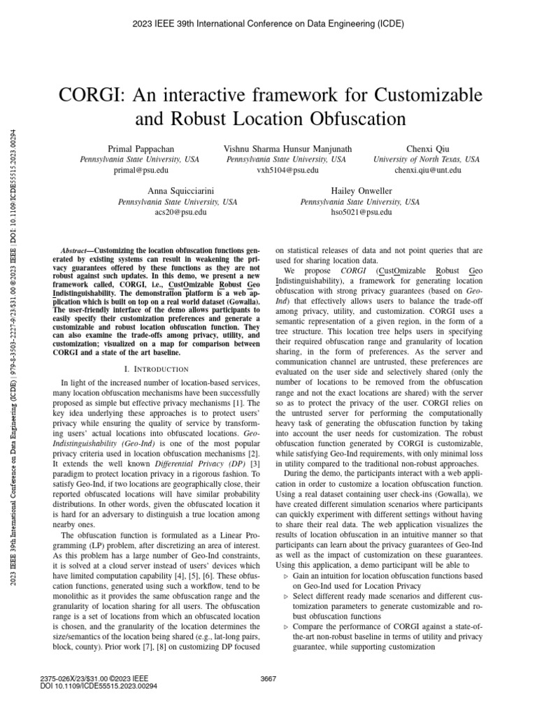 CORGI: An Interactive Framework For Customizable and Robust Location Obfuscation | PDF