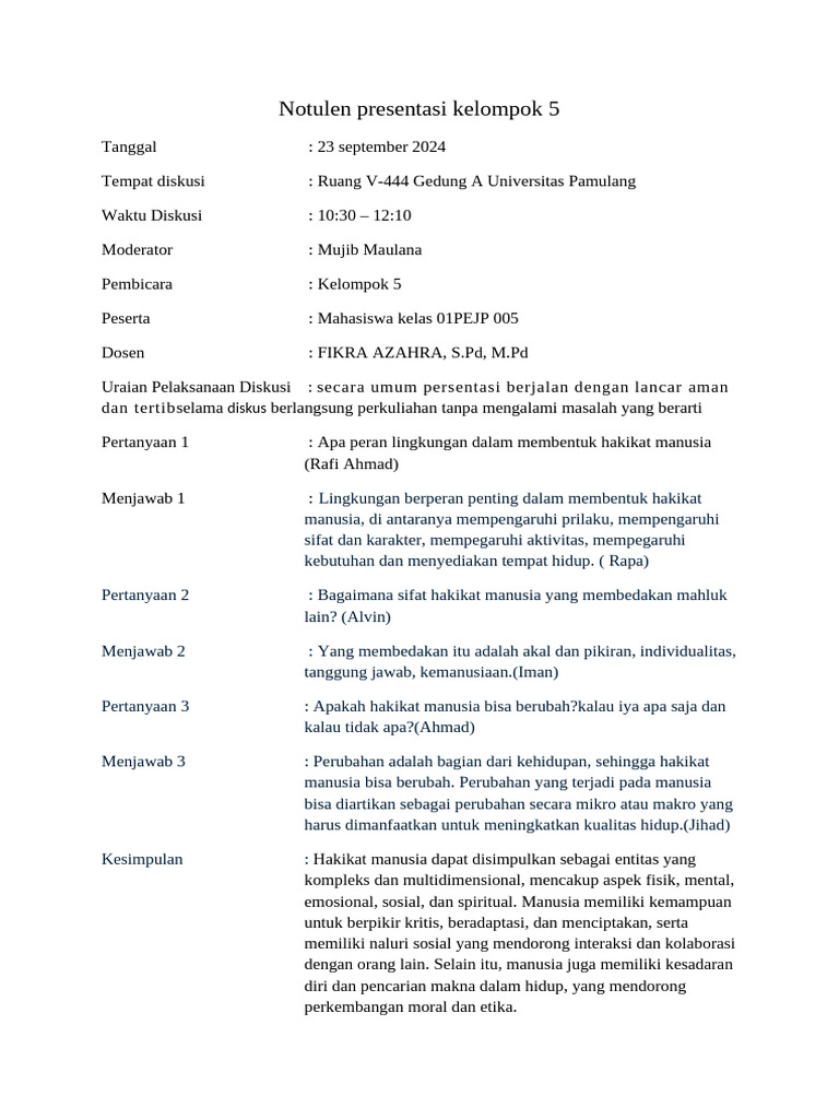 Notulen Presentasi Kelompok 5 | PDF