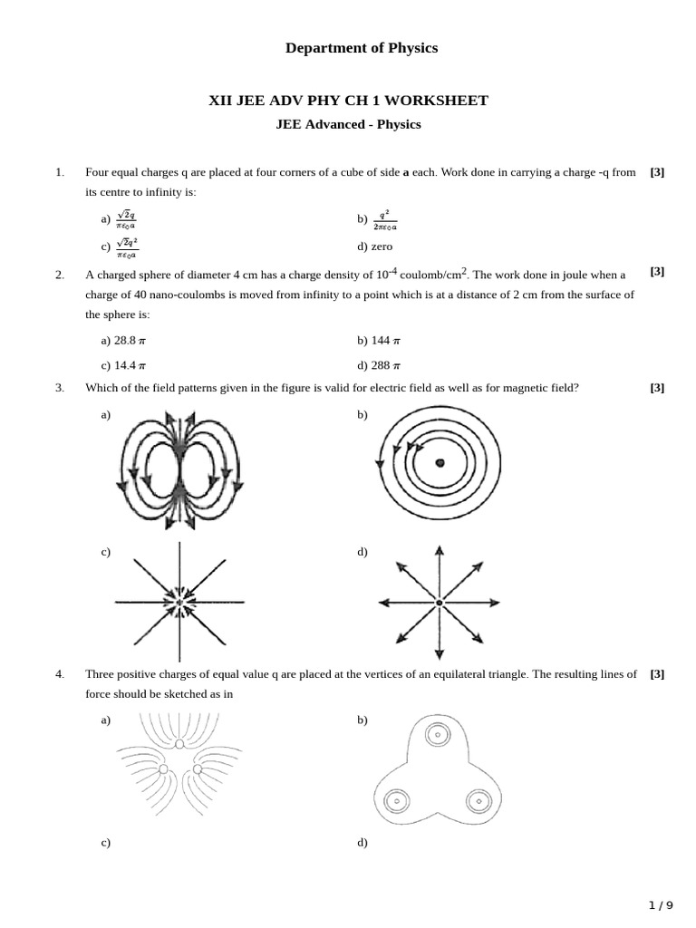 XII JEE Adv Phy CH 1 Electric Charges and Fields Worksheet 2 QP | PDF ...