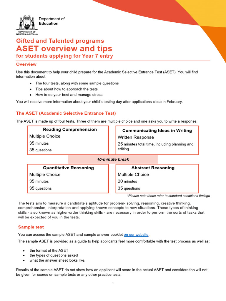 ASET Overview and Tips For Year 7 Entry | PDF