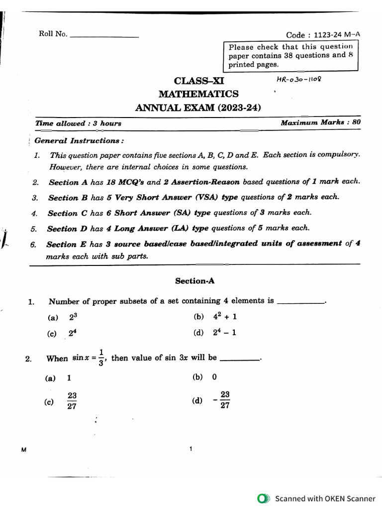 Mathematics Class XI DAV Board 2023-24 Annual Exam Paper | PDF