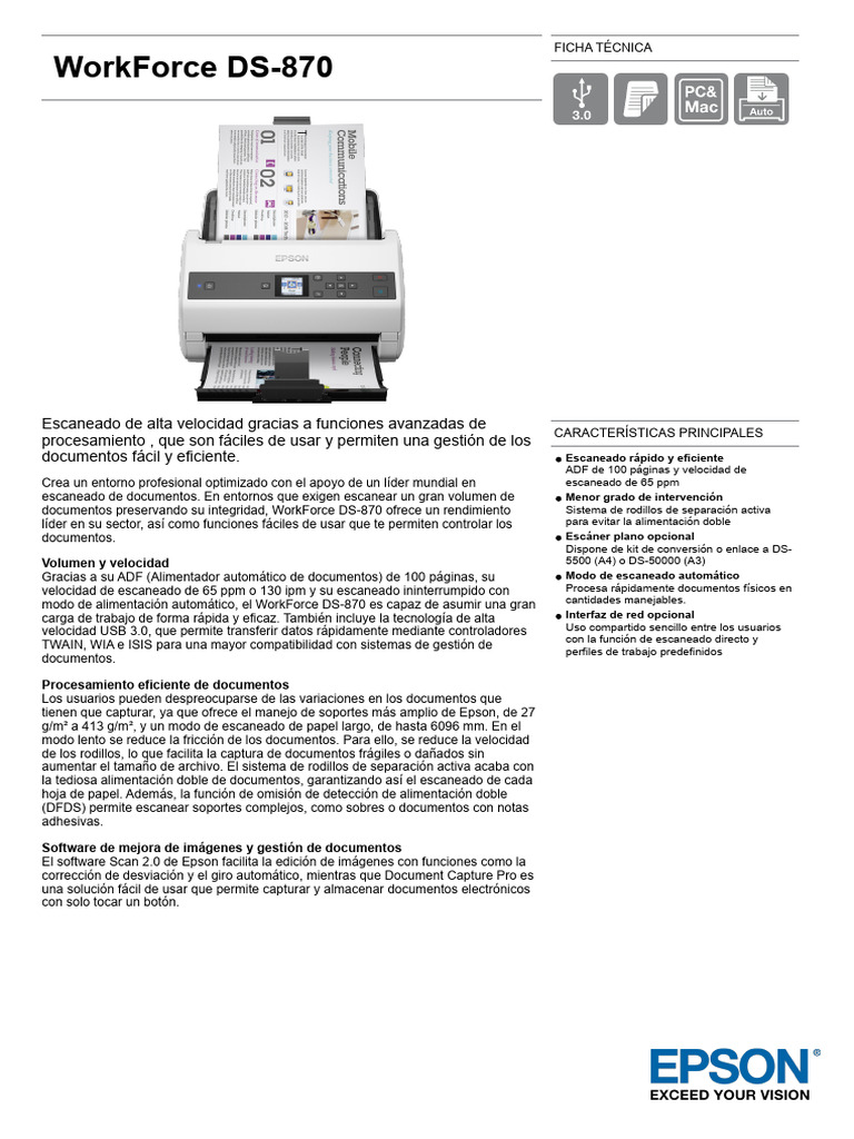 Ficha Tecnica Epson Workforce Ds 870 | PDF