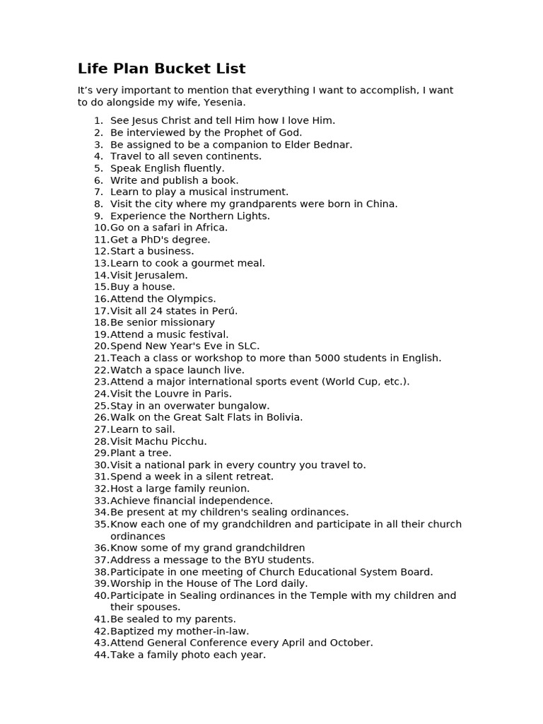 W02 Life Plan Bucket List | PDF