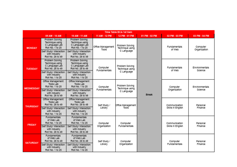 BCA Industry Intigrated 1st Sem Tentative Time Table | PDF | Computers