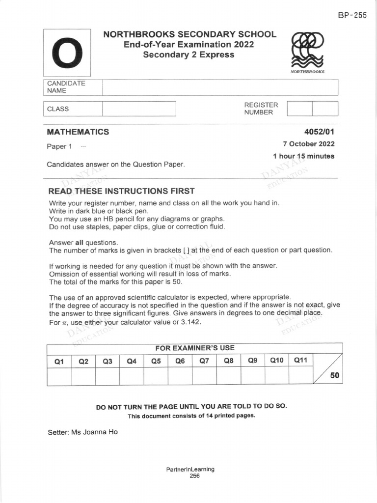 Northbrooks Secondary Sec 2 Math EOY 2022 | PDF
