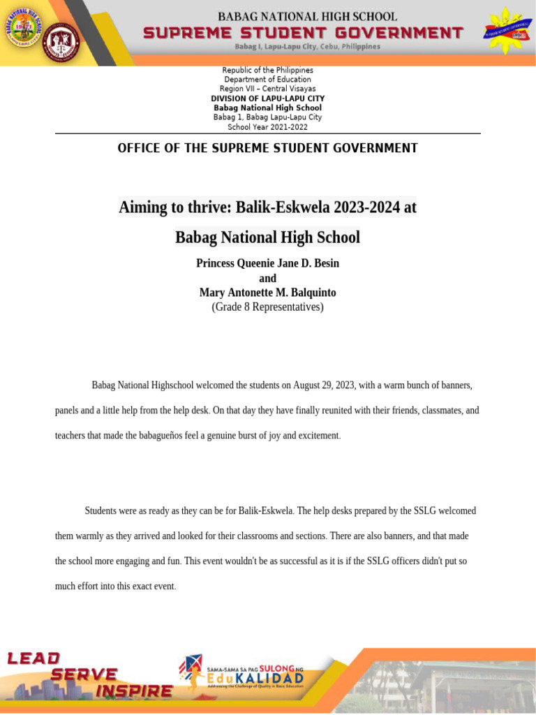 SSLG Balik-Eskwela Narrative Report | PDF