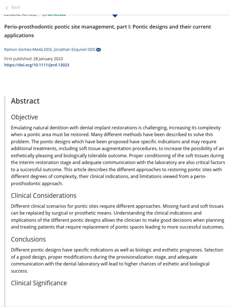 Objective: Perio-Prosthodontic Pontic Site Management, Part I: Pontic ...