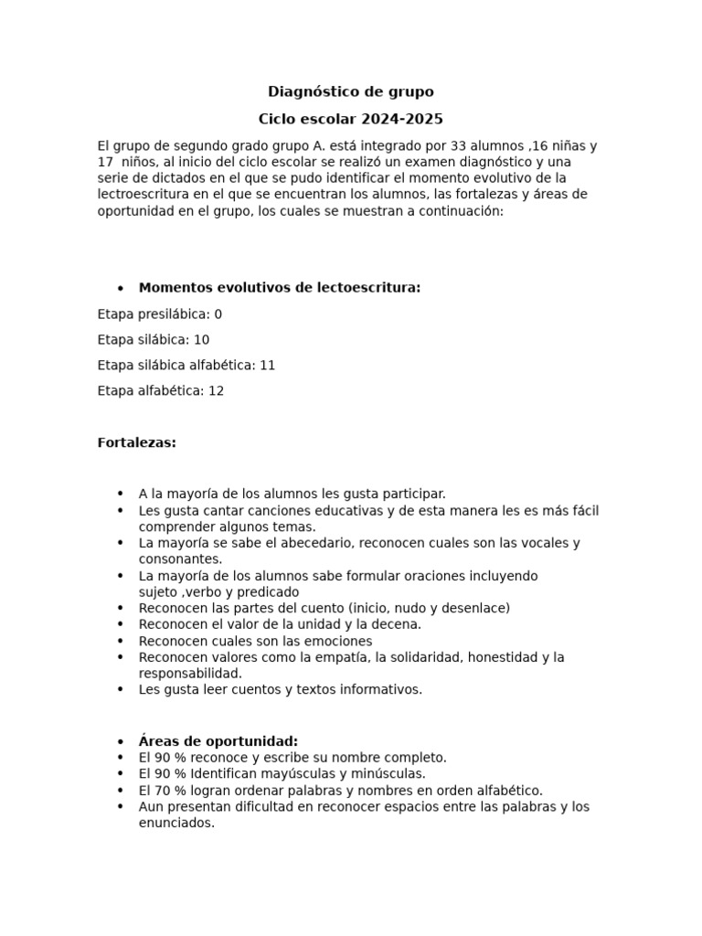 Informe de Diagnostico Grupal de Segundo Grado | PDF